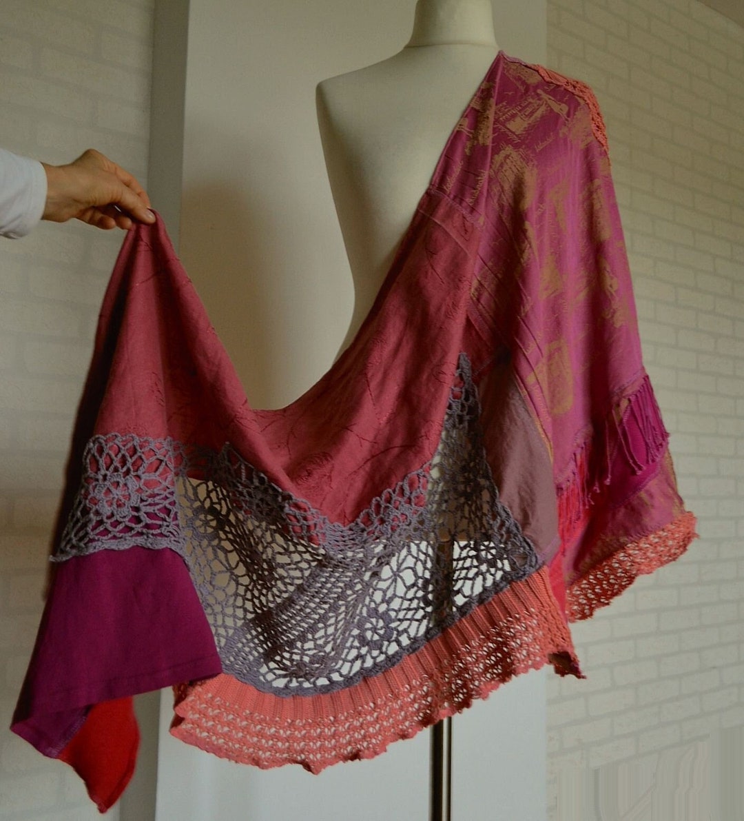 Womens Knit Eco Shawl Cape,magenta Shabby Wrap,upcycled Patchwork Shawl ...