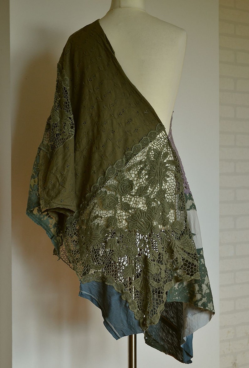 Women's Knit Shawl Cape, Olive Shabby Wrap, Upcycled Patchwork Shawl ...