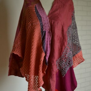 Womens Knit Eco Shawl Cape,magenta Shabby Wrap,upcycled Patchwork Shawl ...