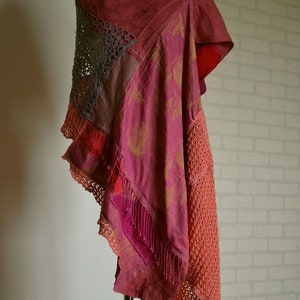 Womens Knit Eco Shawl Cape,magenta Shabby Wrap,upcycled Patchwork Shawl ...