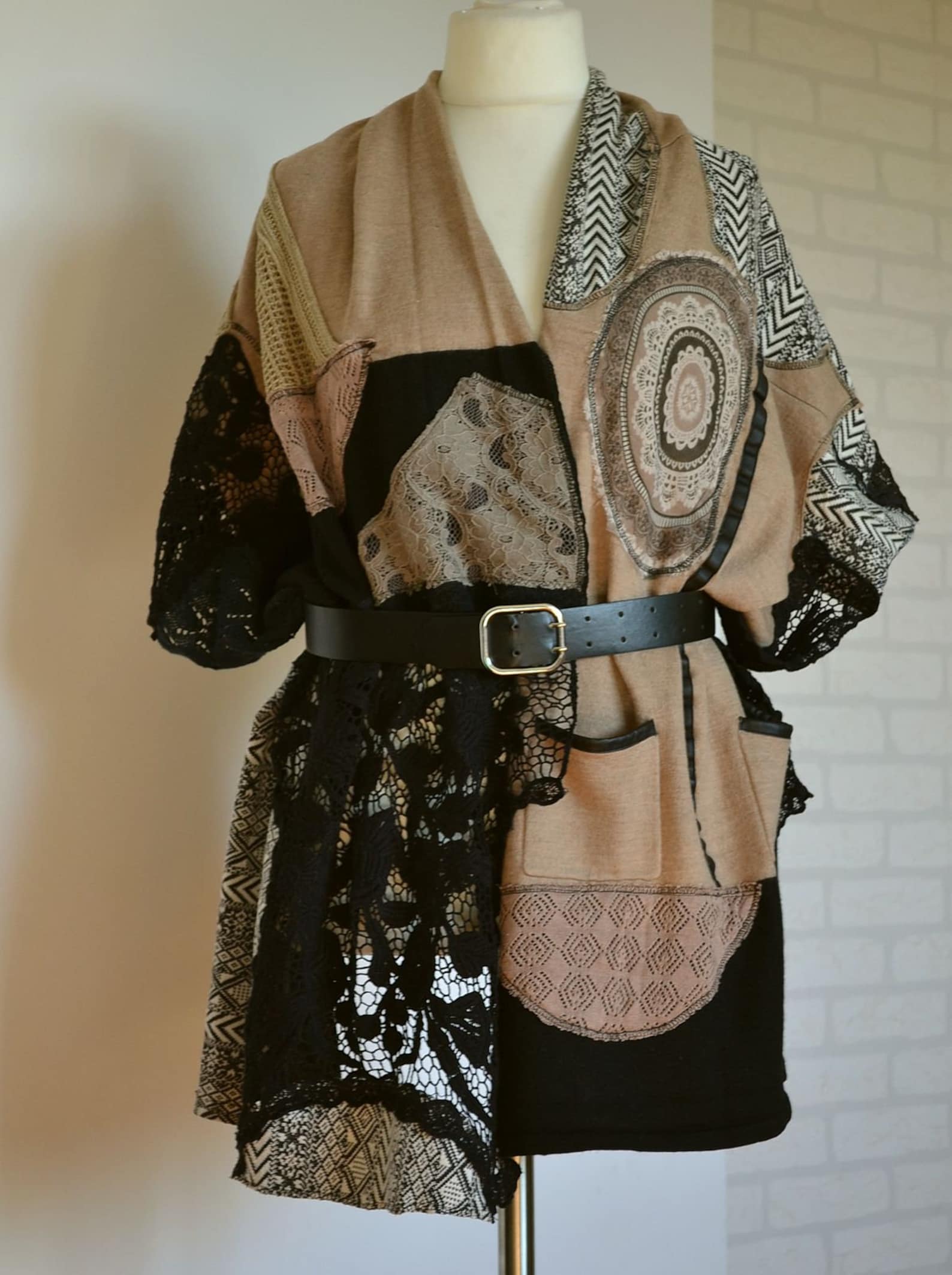 Womens Knit Shawl Cape, Beige/black Shabby Wrap, Upcycled Patchwork ...