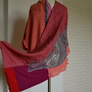 Womens Knit Eco Shawl Cape,magenta Shabby Wrap,upcycled Patchwork Shawl ...
