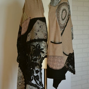 Womens Knit Shawl Cape, Beige/black Shabby Wrap, Upcycled Patchwork ...