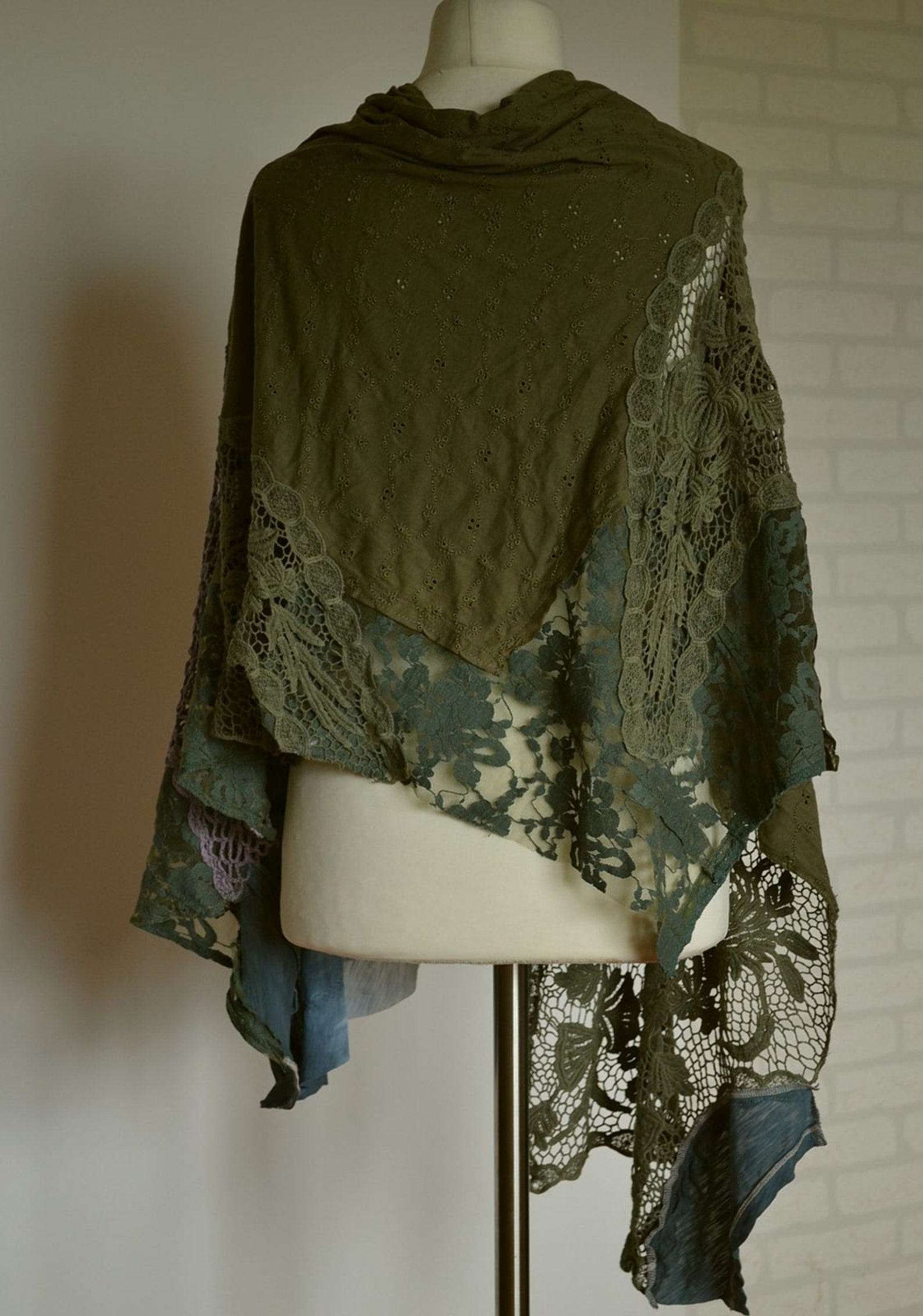 Women's Knit Shawl Cape, Olive Shabby Wrap, Upcycled Patchwork Shawl ...