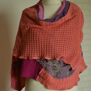 Womens Knit Eco Shawl Cape,magenta Shabby Wrap,upcycled Patchwork Shawl ...