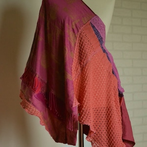 Womens Knit Eco Shawl Cape,magenta Shabby Wrap,upcycled Patchwork Shawl ...