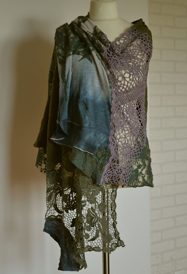 Women's Knit Shawl Cape, Olive Shabby Wrap, Upcycled Patchwork Shawl ...