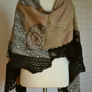 Womens Knit Shawl Cape, Beige/black Shabby Wrap, Upcycled Patchwork ...