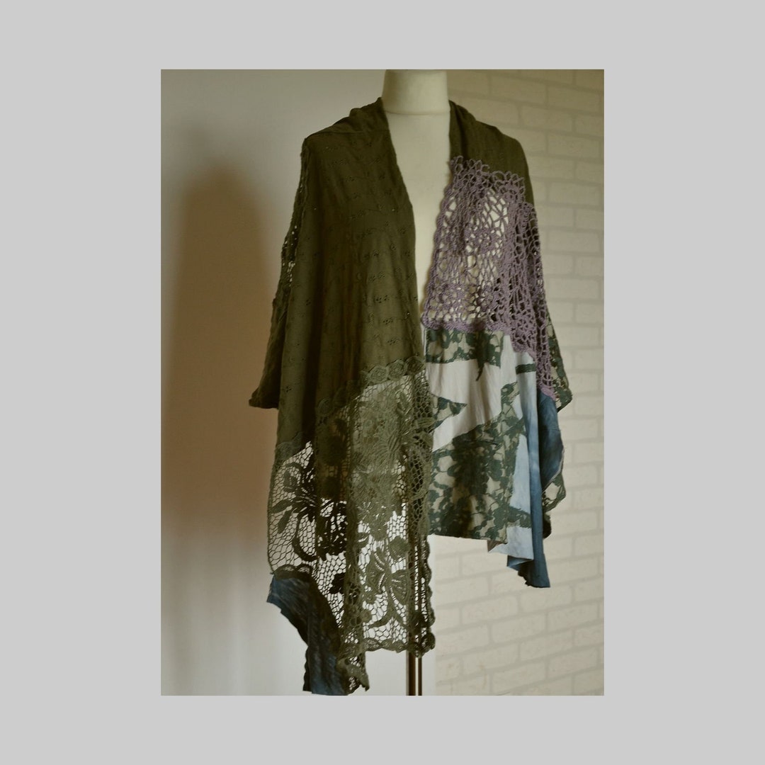 Women's Knit Shawl Cape, Olive Shabby Wrap, Upcycled Patchwork Shawl ...