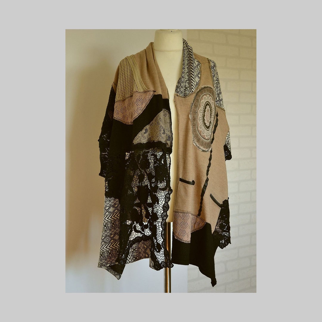 Womens Knit Shawl Cape, Beige/black Shabby Wrap, Upcycled Patchwork ...