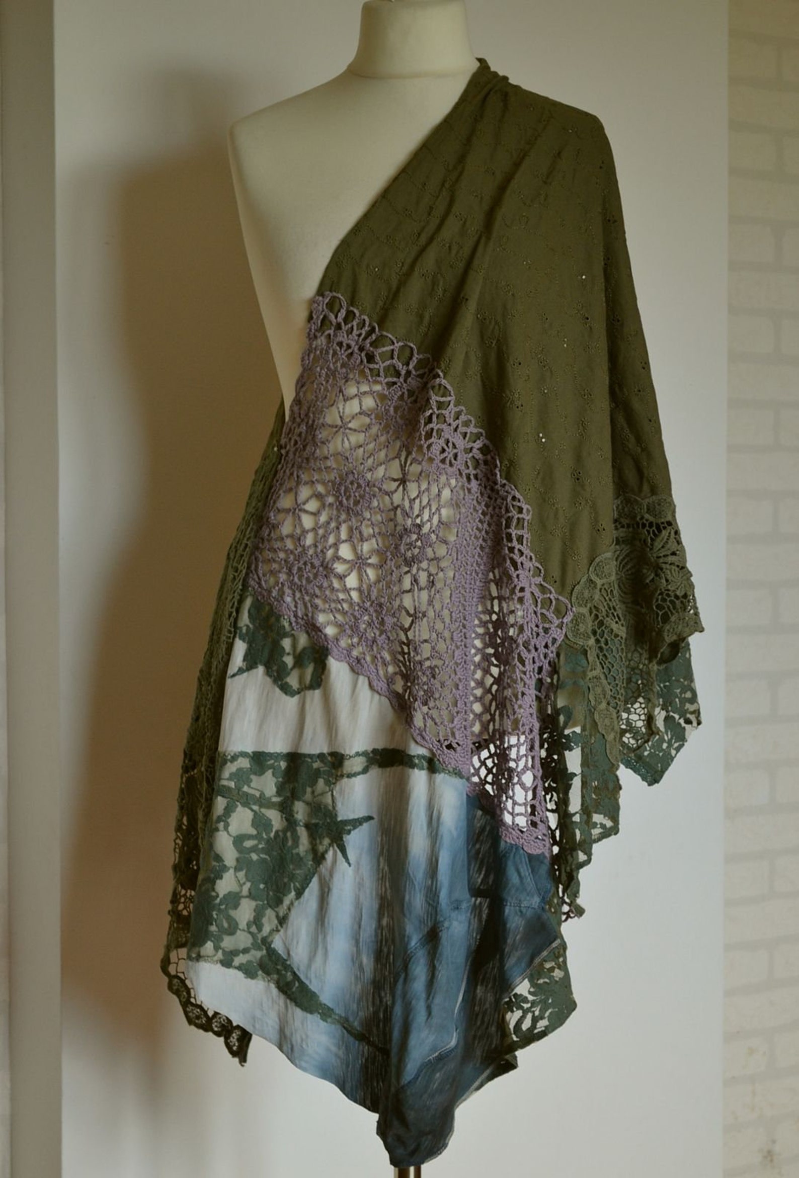 Women's Knit Shawl Cape, Olive Shabby Wrap, Upcycled Patchwork Shawl ...