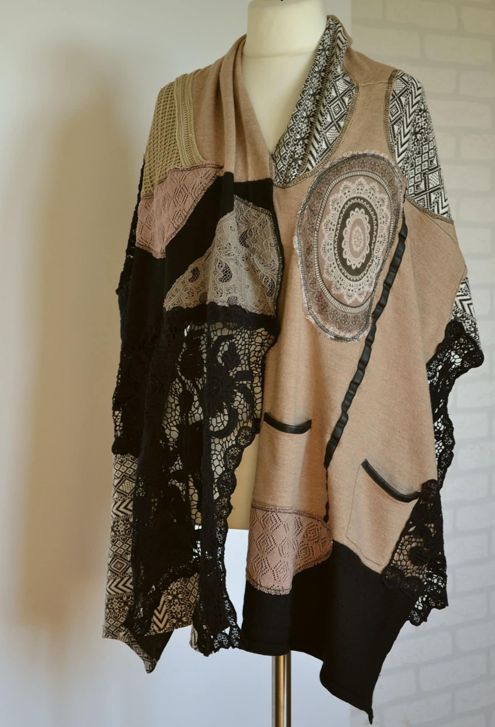Womens Knit Shawl Cape, Beige/black Shabby Wrap, Upcycled Patchwork ...