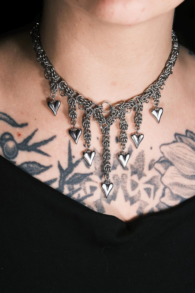 Clematis – Gothic Chainmail Choker Necklace - Stainless Steel Heart ...