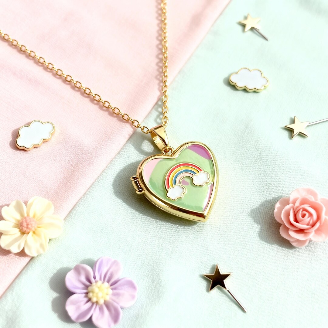 Rainbow Heart Photo Locket Necklace, Gold Enamel Heart Locket, Cute ...