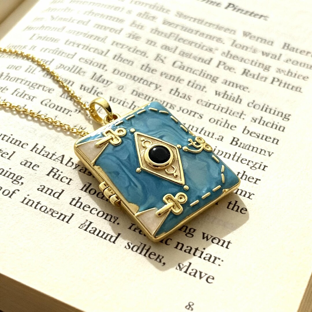 Blue Enamel Book Locket Necklace With Black Crystal – Fantasy Kawaii ...