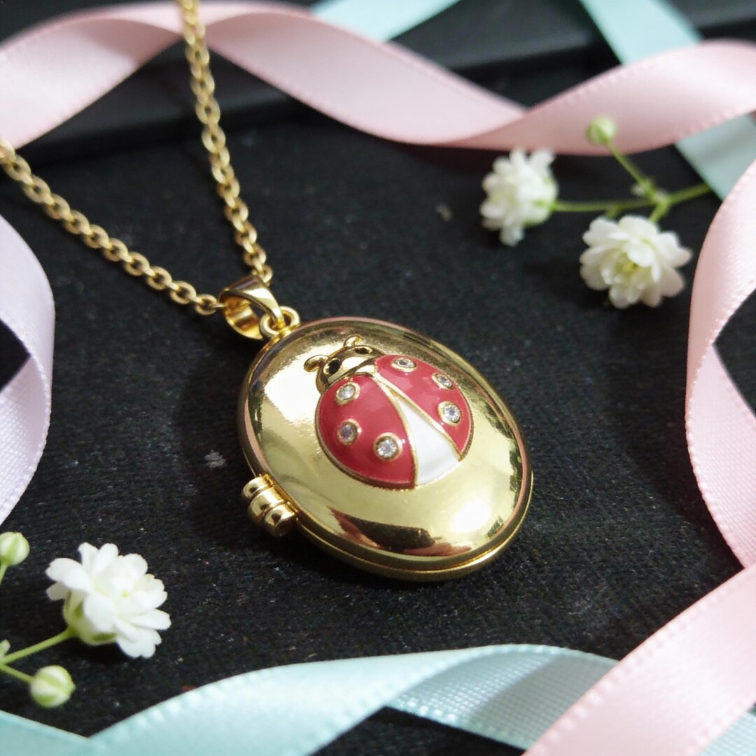 Gold Ladybug Locket Necklace – Red Enamel Oval Photo Locket – Cute Good ...