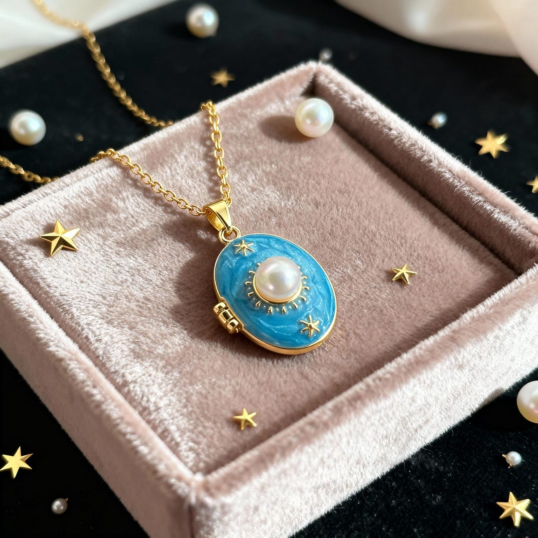 Blue Enamel Oval Photo Locket Necklace With Pearl, Gold Locket Pendant ...