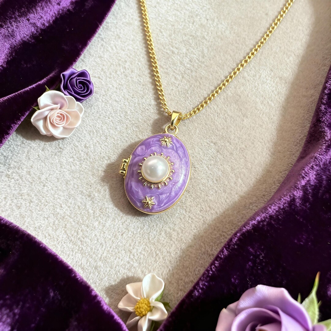 Purple Oval Photo Locket Necklace, Gold Pearl Detail Locket Pendant ...