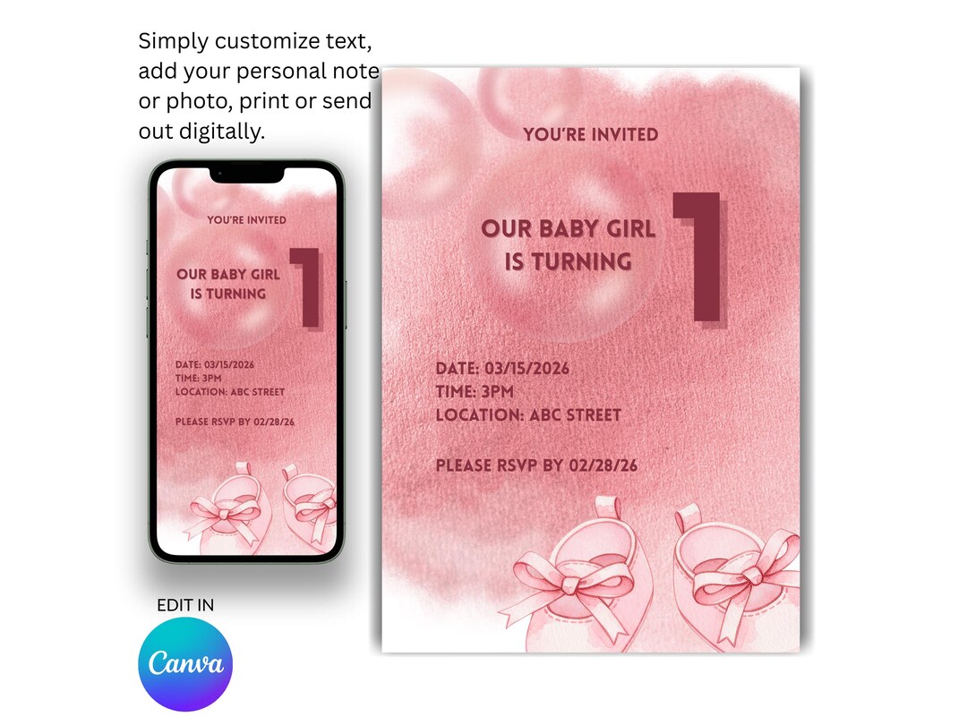 Editable Baby Girl First Birthday Invitation | Printable and Mobile - Etsy