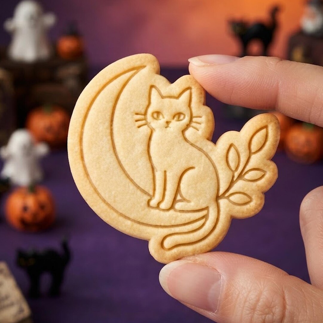 Halloween Cat Cookie Cutter and Stamp, Crescent Moon Cat Cookie Cutter ...
