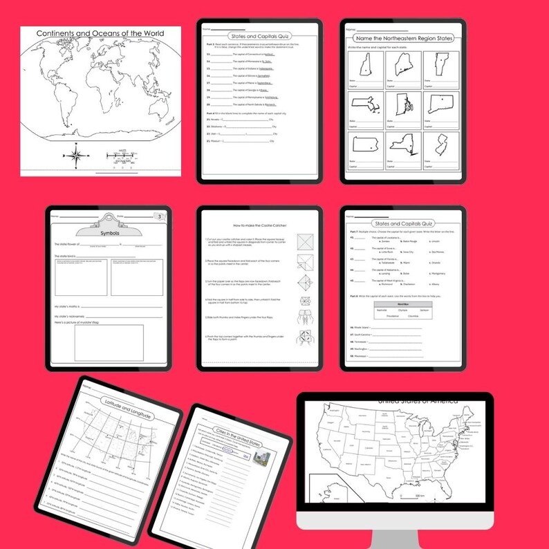50 States & Capitals Worksheets Bundle, Printable US Geography Quizzes ...