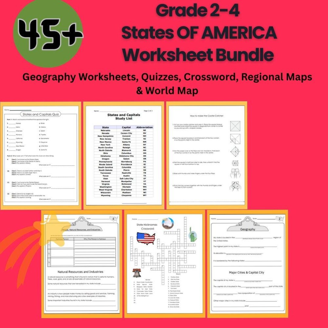 50 States & Capitals Worksheets Bundle, Printable US Geography Quizzes ...