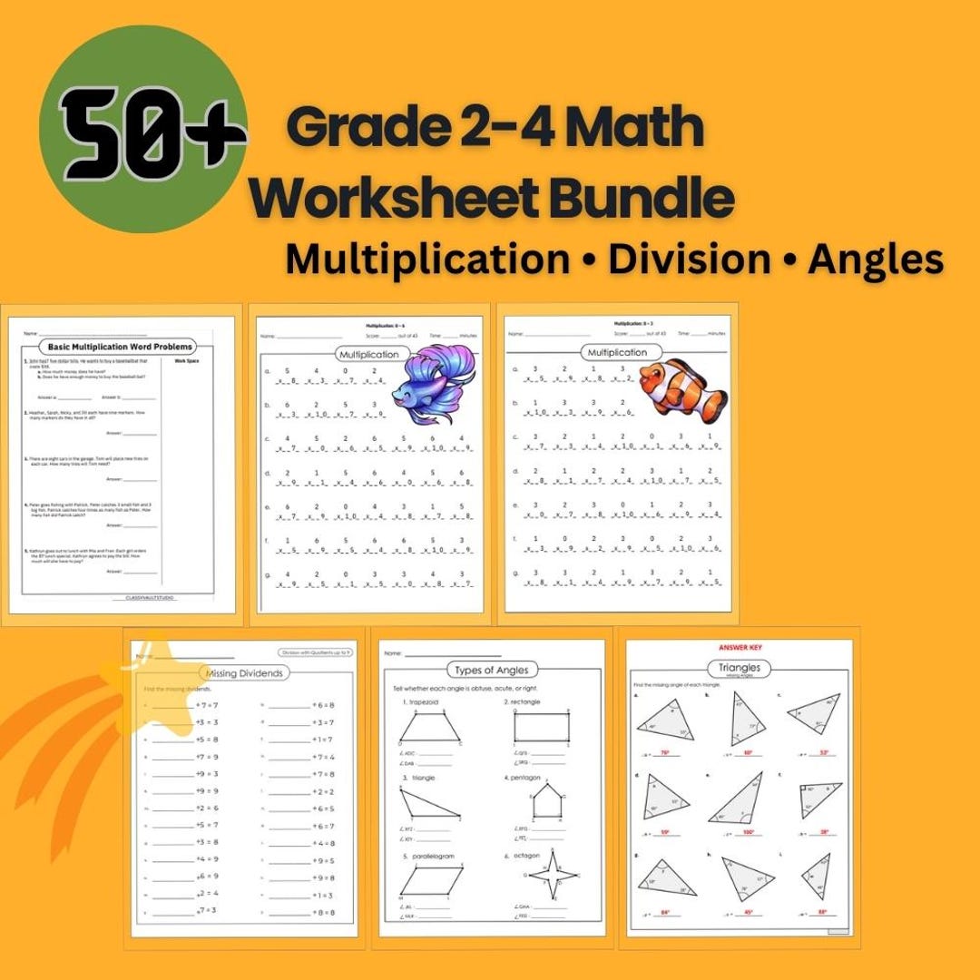Grade 2-4 Math Worksheets | Multiplication, Division, Geometry (digital ...