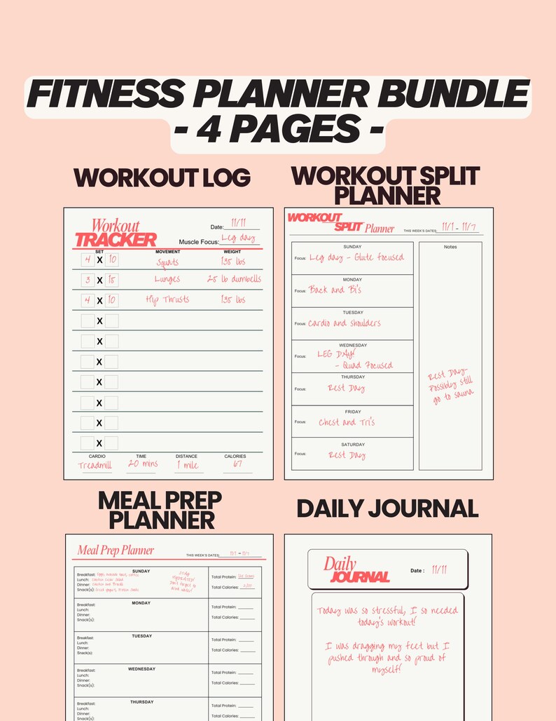 Printable Fitness Planner Bundle | Workout Tracker, Meal Planner ...