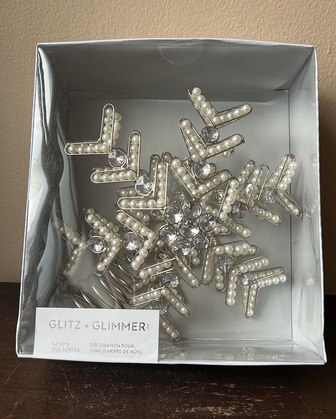 Glitz & Glimmer Star Faux Pearls Christmas Tree Topper New Silver White ...