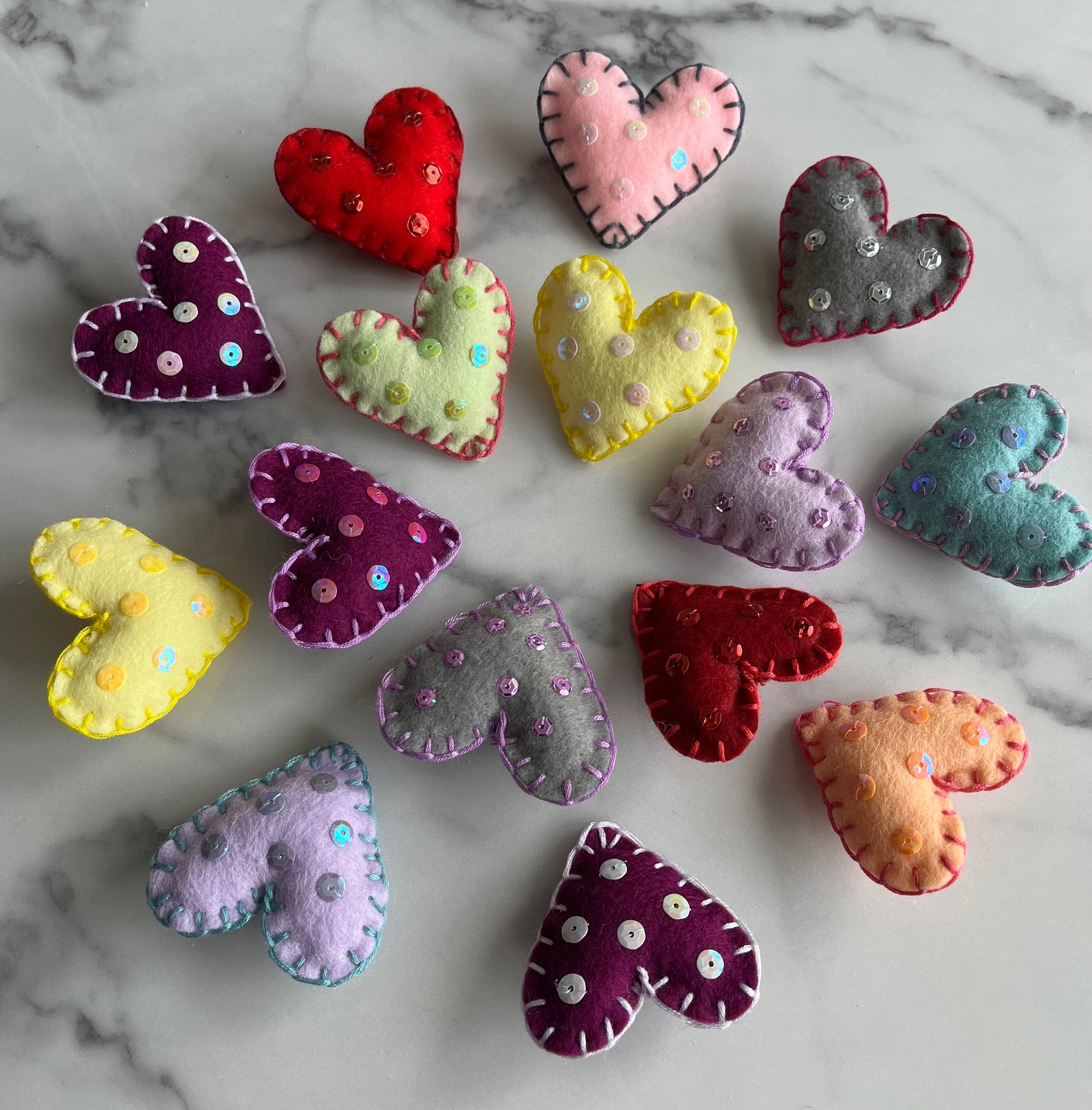 Small Heart Brooches, Pretty, Unique, Handsewn. Padded Felt, Decorated ...