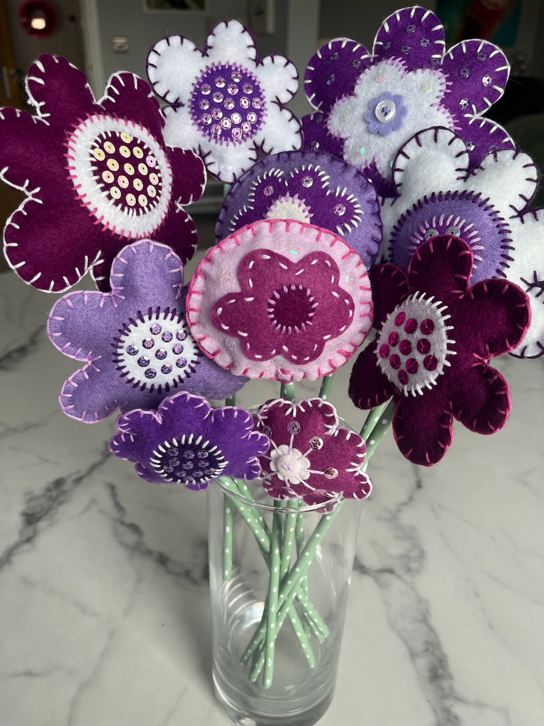 Forever Flower Bouquet, Purple & Lilac Padded Felt Blooms, Hand Painted ...