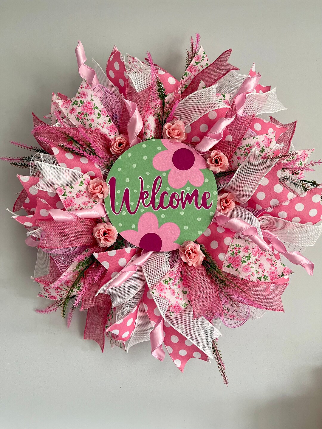 Large Summer Ribbon Wreath. Pink Rose Flowers. Handmade, Deco Mesh ...