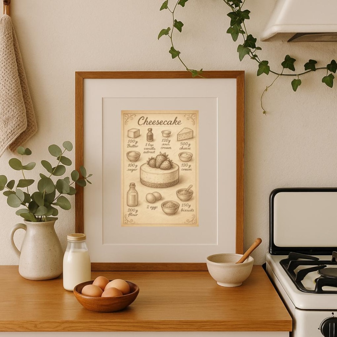 Cheesecake Recipe Poster | Vintage Dessert Wall Art | Cozy Kitchen ...