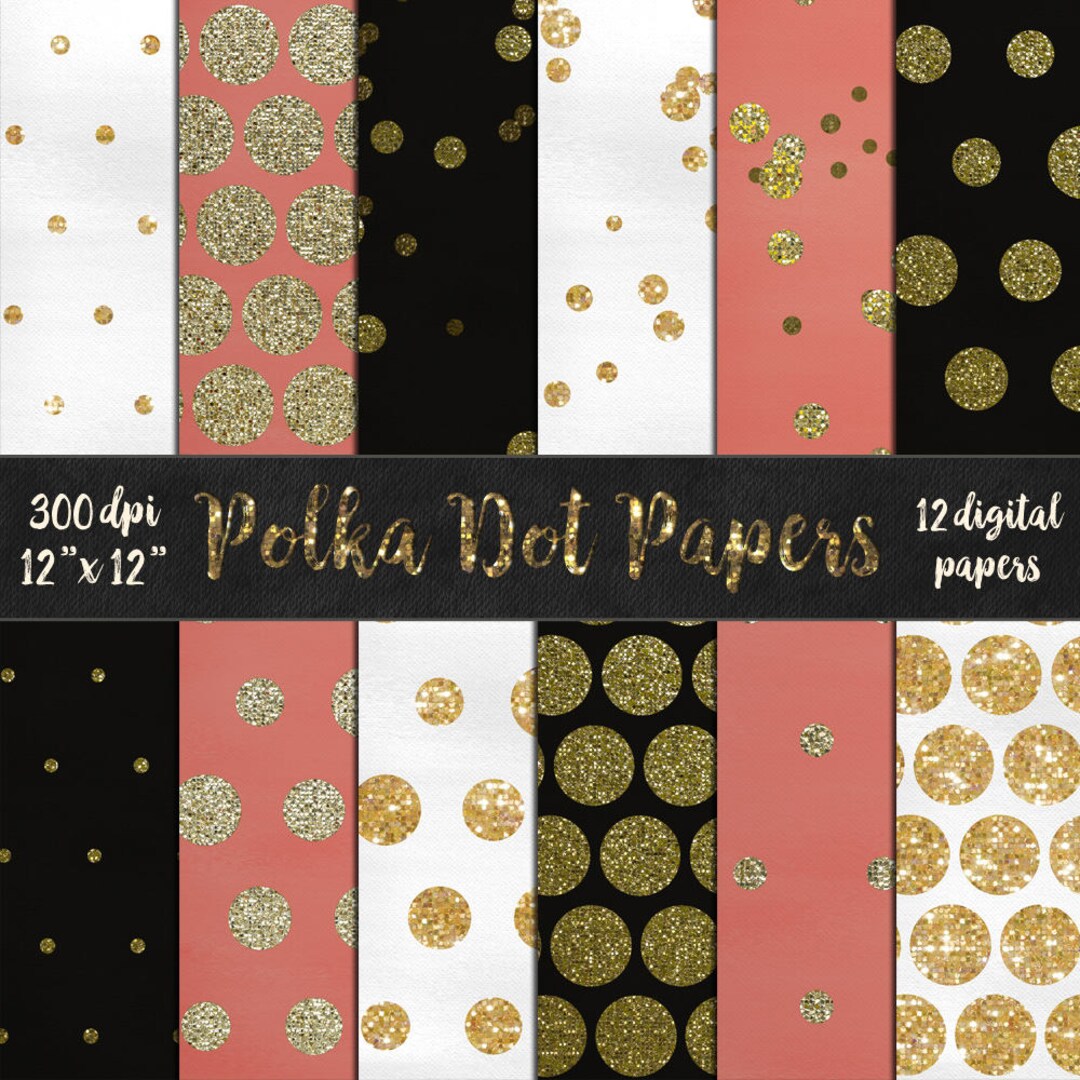 Glitter Polka Dot Digital Papers, Gold and Pink Dots Paper, Gold ...