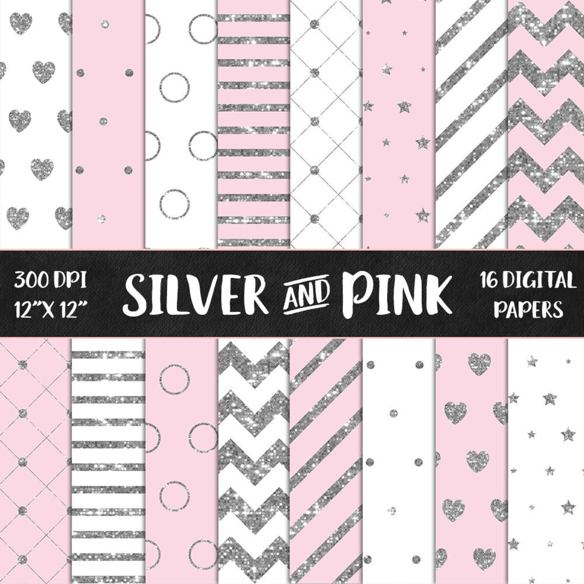 Silver and Pink Digital Paper Silver Glitter Pink Paper | Etsy