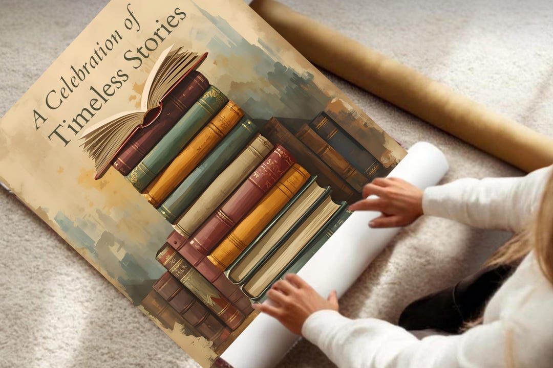 Timeless Stories Book Stack Print, Vintage Book Wall Art, Library Decor ...