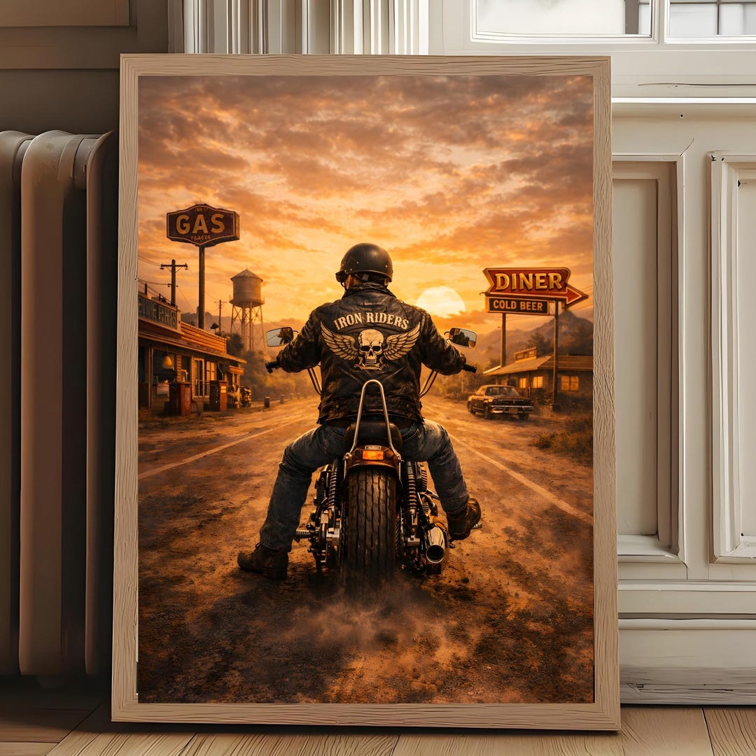 Biker Wall Art Motorcycle Poster, Vintage Motorcycle Print, Man Cave ...