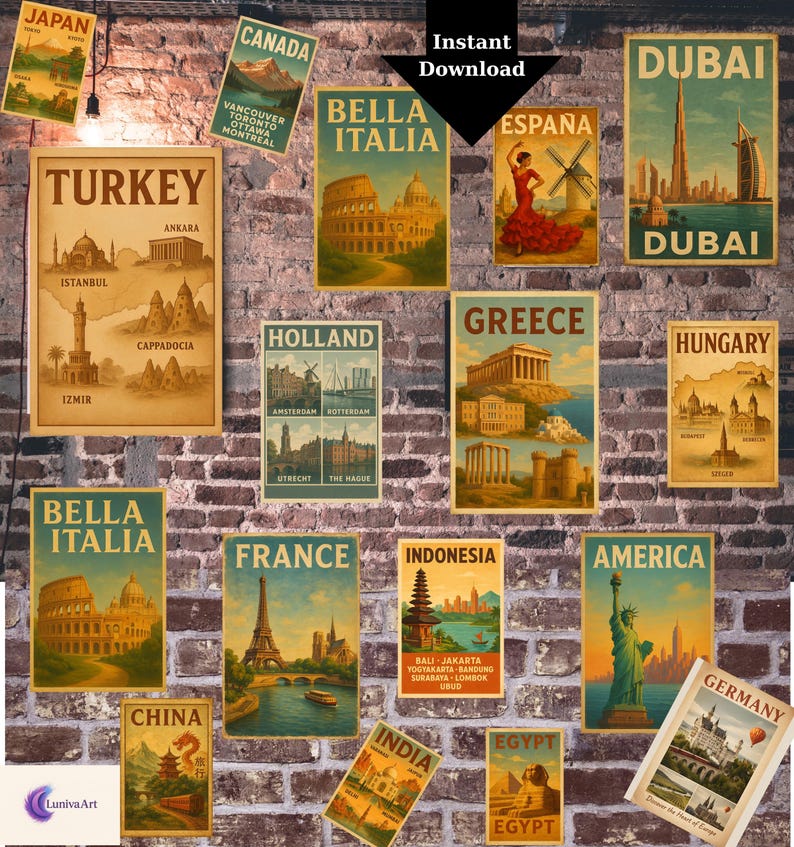 Travel Poster Bundle Printable, Country Posters Wall Art Set, World Map ...