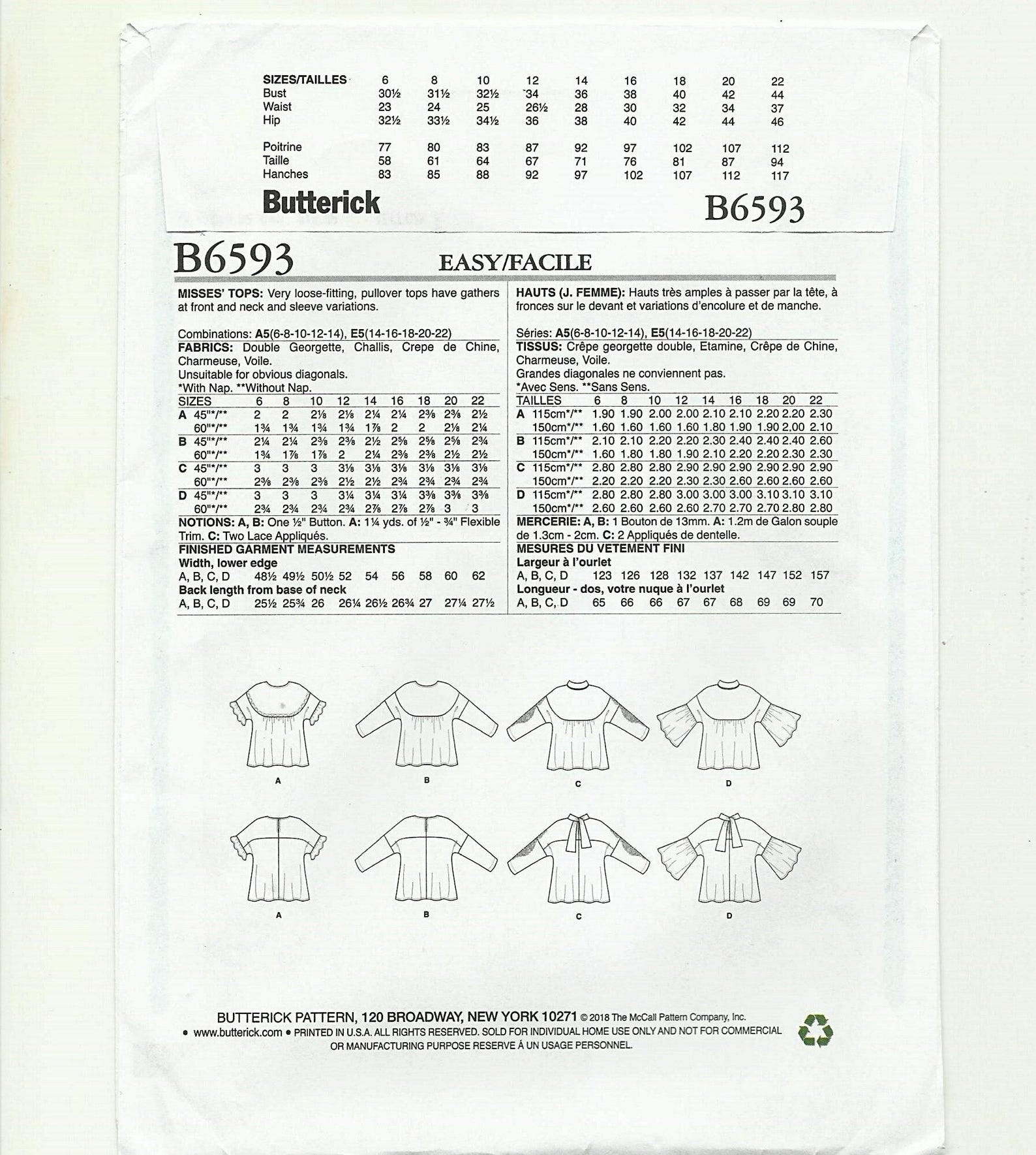 Misses Top Easy Butterick Sewing Pattern B6593, Loose Fitting, Pullover ...