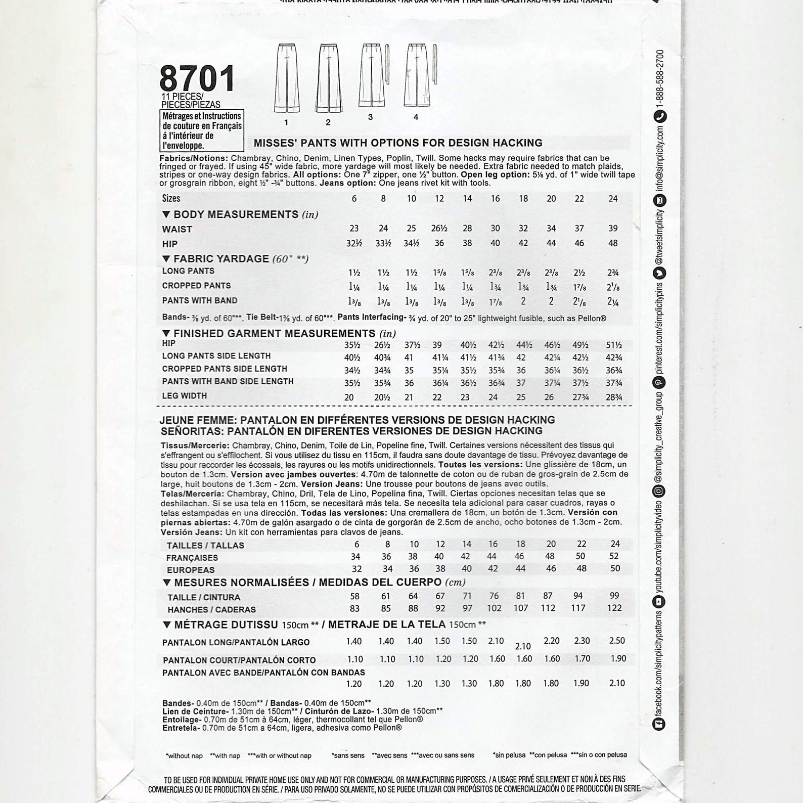 Misses Pants Sewing Pattern, Design Hacking Options, Simplicity 8701 ...