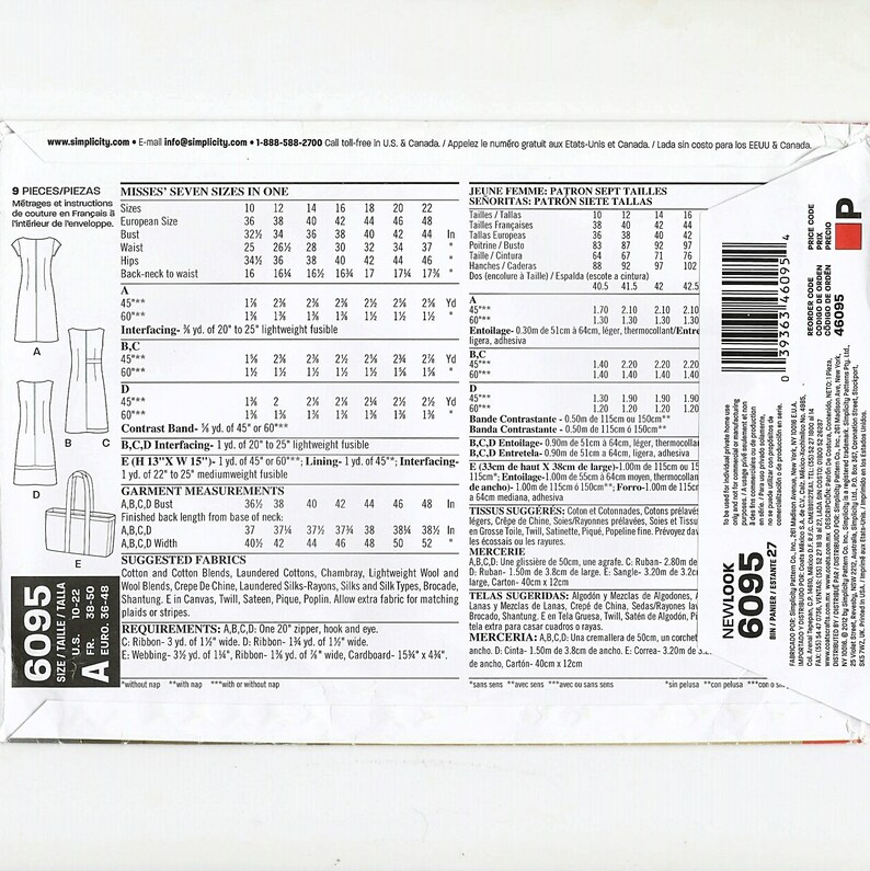 Misses/women Dress & Tote Bag Sewing Pattern, New Look 6095, Sizes 10 ...