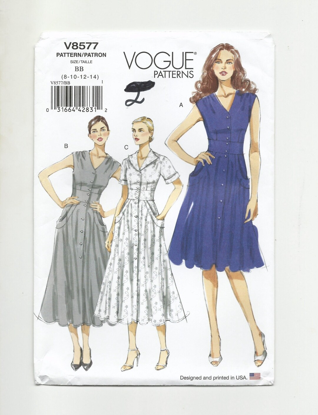 Vogue Dress Sewing Pattern, Vogue V8577, Sizes 8 to 14, Bust 31 1/2 to ...