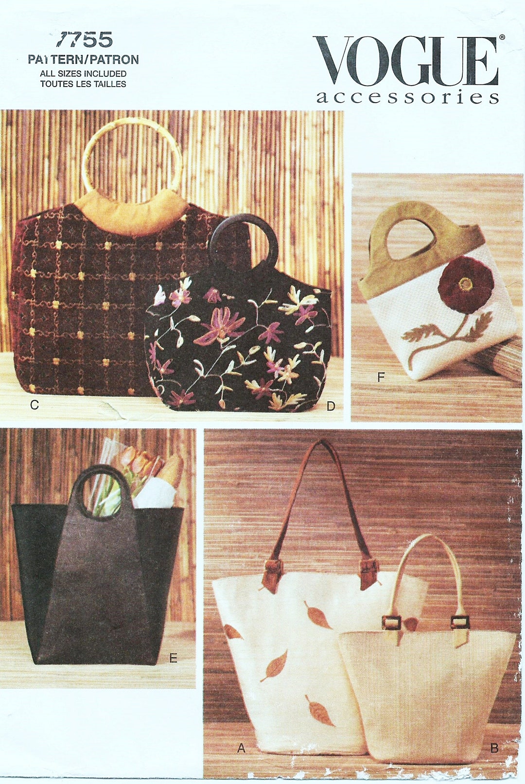 Vogue 7755, Hand Bags/totes Sewing Pattern for 6 Bags, Accessories ...