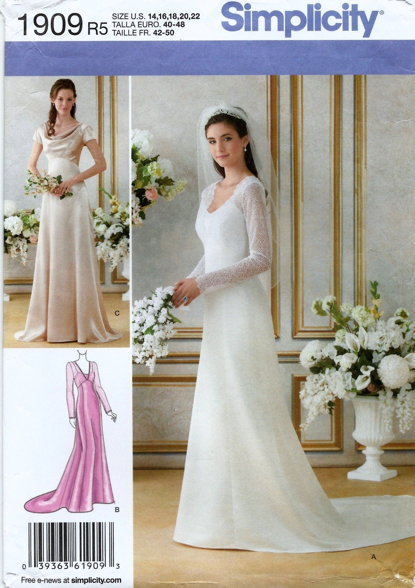 Bridal Wedding Gown, Bridesmaids Gown, Simplicity 1909 Sewing Pattern, Sizes 14-22, Bust 36 to ...