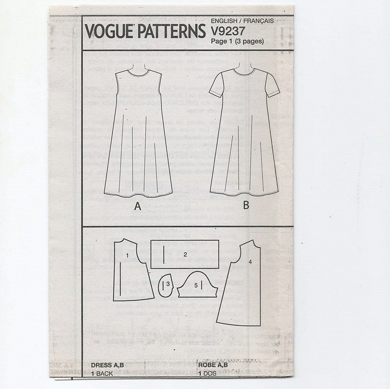 Vogue Dress Very Easy Sewing Pattern, Vogue V9237, Sizes 4 to 14, Bust ...