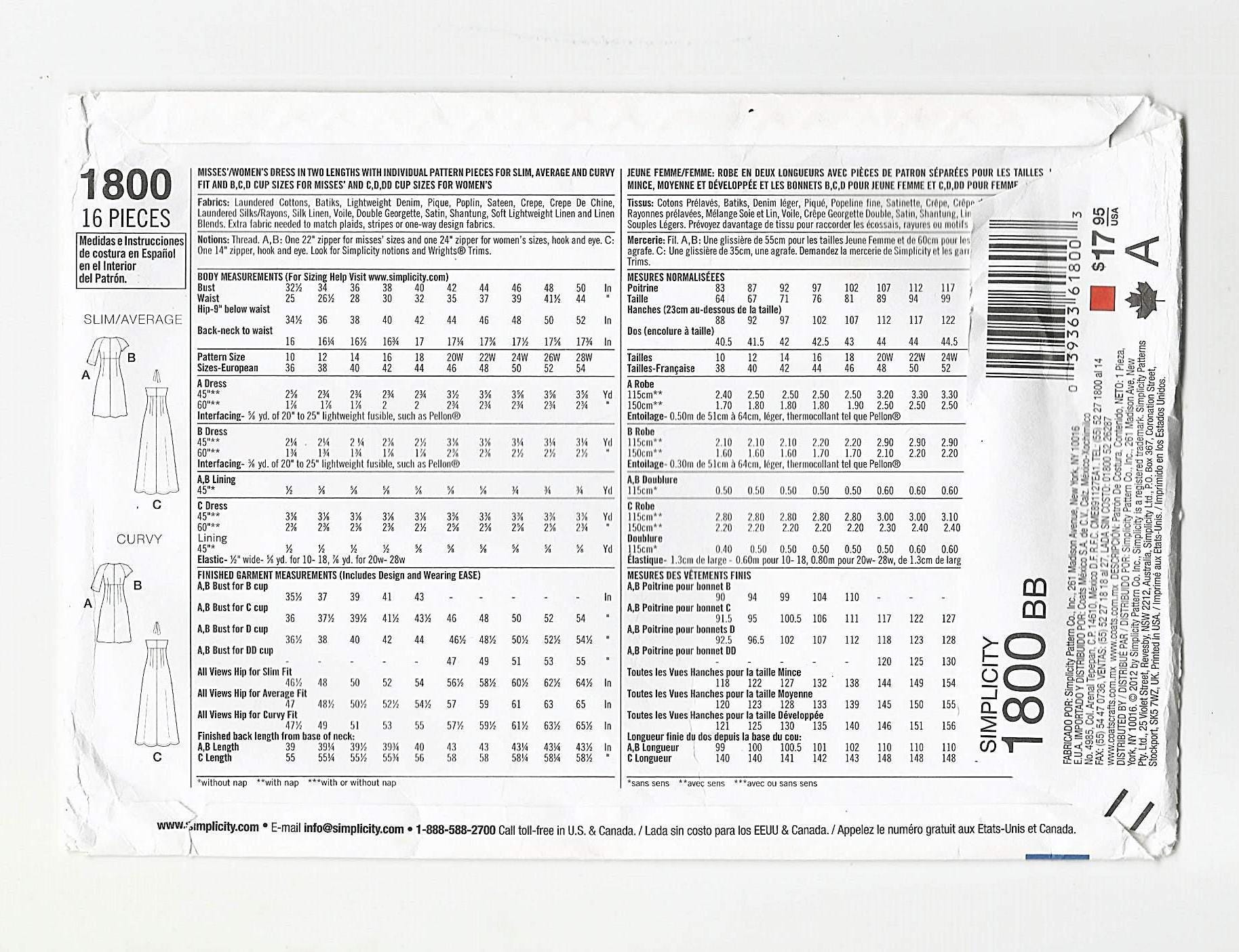 Women's Dress Amazing Fit Sewing Pattern Simplicity 1800, Sizes 20 to ...