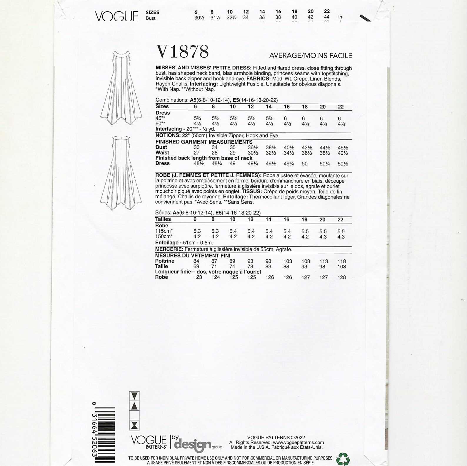 Vogue V1878 Dress Sewing Pattern: Tom and Linda Platt Design, Sizes 6 ...
