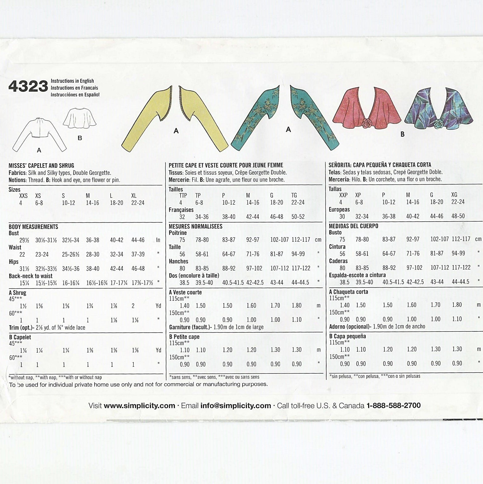 Misses Capelet and Shrug, Simplicity Sewing Pattern 4323, Factory ...