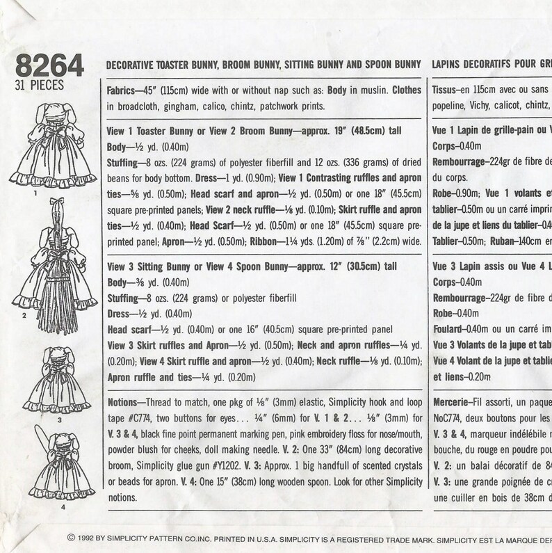 Bunny Sewing Craft, Vintage Simplicity Sewing Pattern 8264, Factory ...