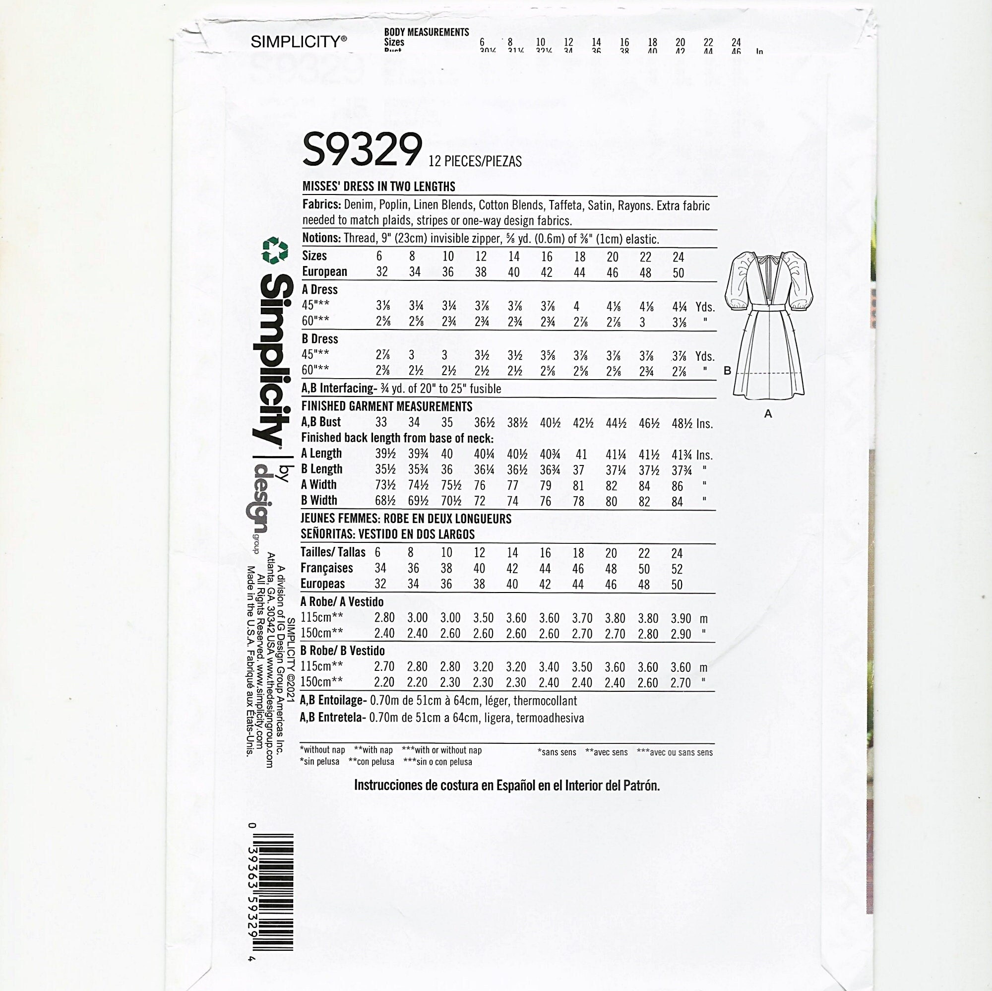 Misses Dress Sewing Pattern, Mimi G Style Simplicity S9329, Sizes 6 to ...